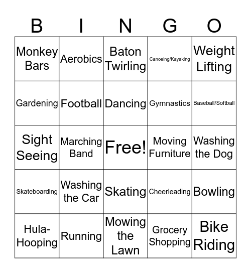 Physical Activity Bingo Card