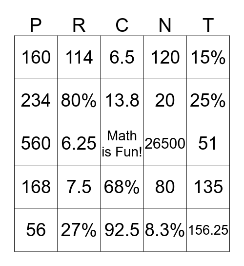 Percent Proportions Bingo Card