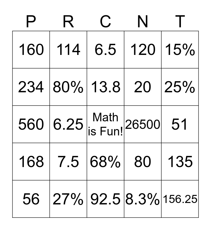 Percent Proportions Bingo Card