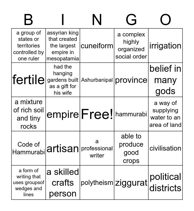Mesopotamia Bingo Card