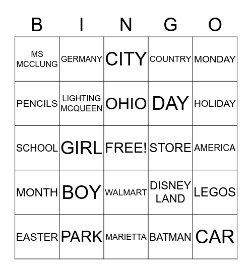Common and Proper Noun Bingo Card
