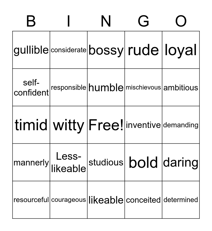 Character Traits Bingo Card