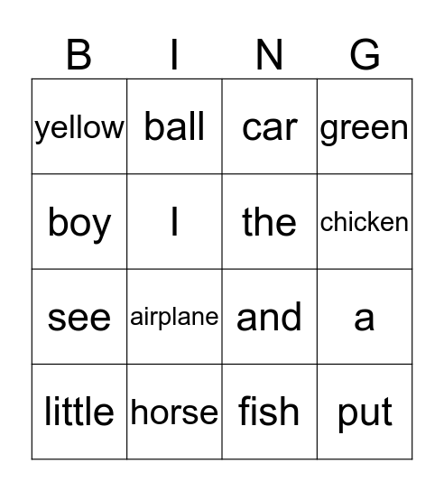 Edmark Words Bingo Card
