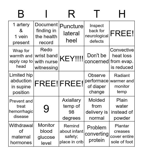Infant Care At Birth Bingo Card