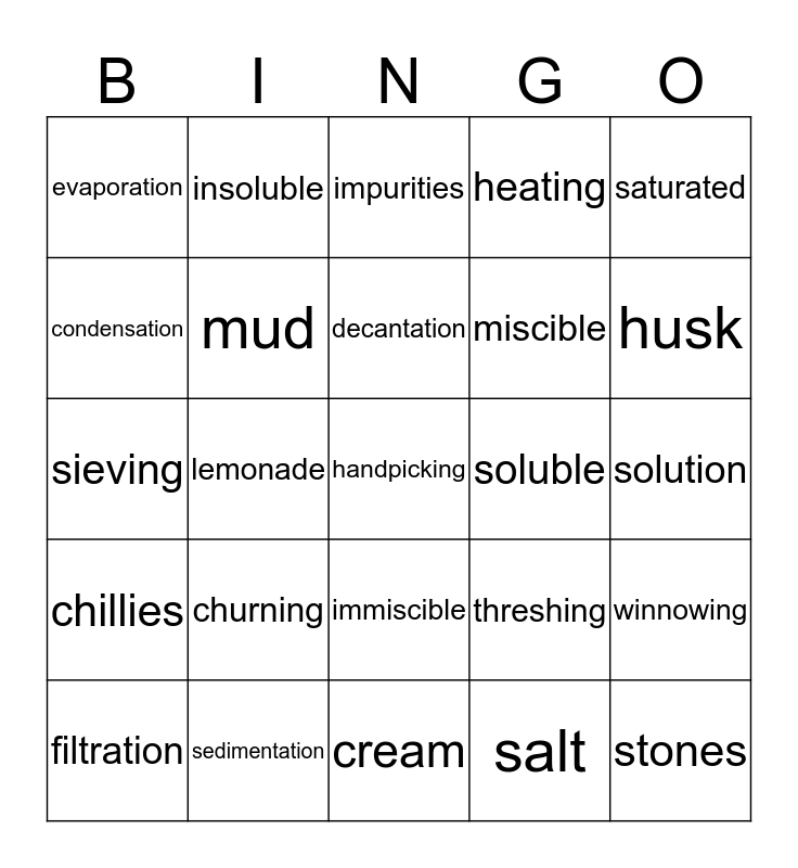 separation of substances Bingo Card