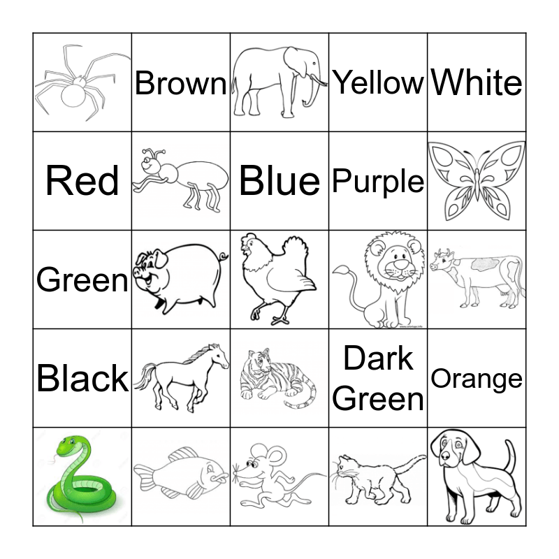 Animals and colors Bingo Card