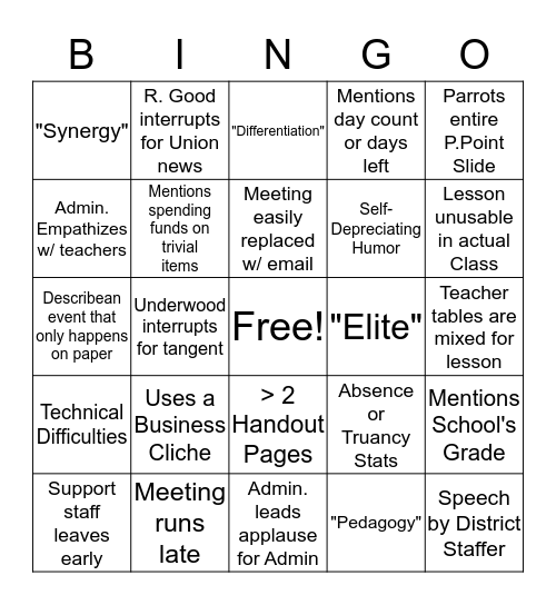 Wednesday Faculty Meeting Bingo Card