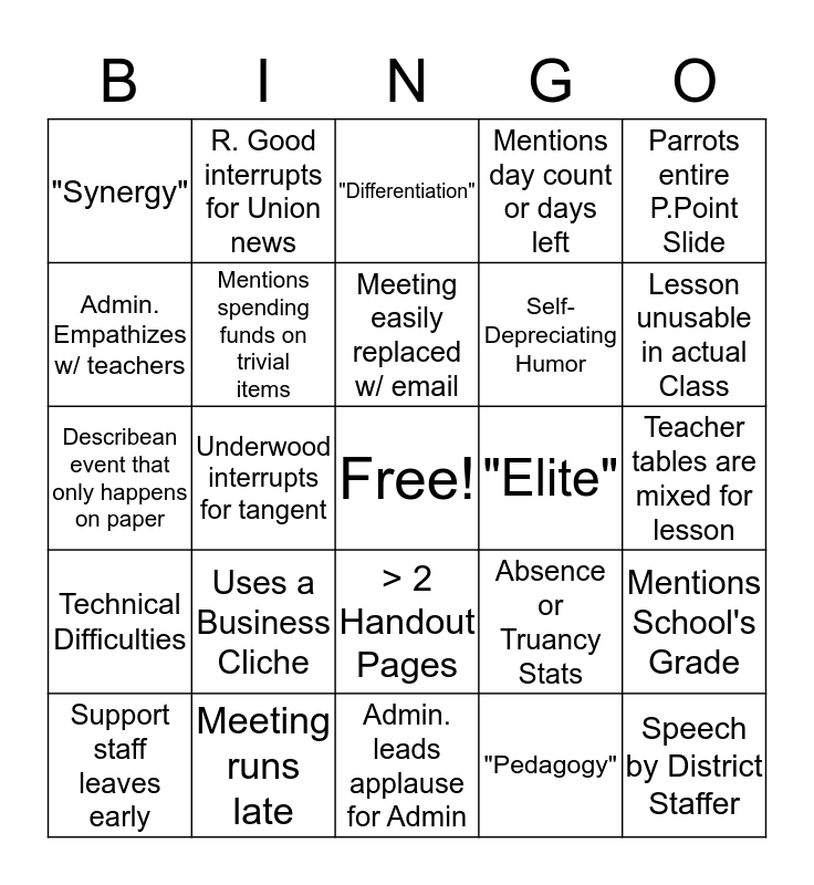 Wednesday Faculty Meeting Bingo Card