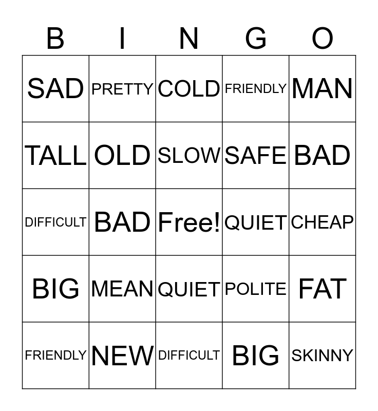 Opposites Bingo Card