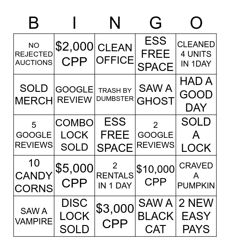 ESS October BINGO Bash Bingo Card