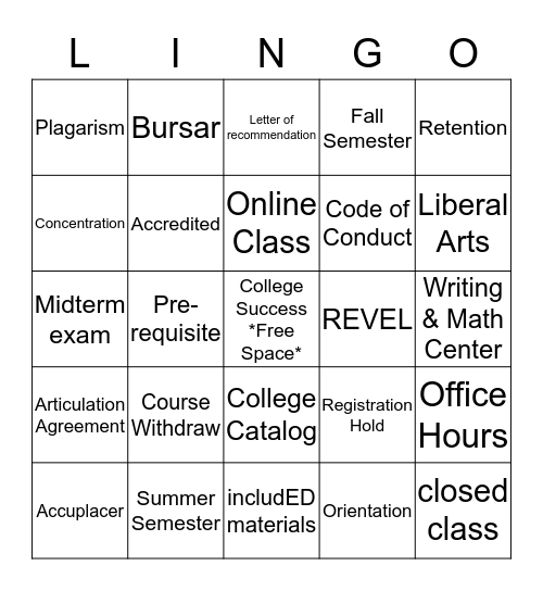 College LINGO Bingo Card
