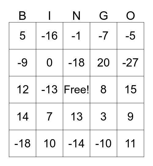 Integer Bingo! Bingo Card