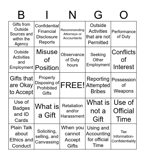 Ethics Bingo Card