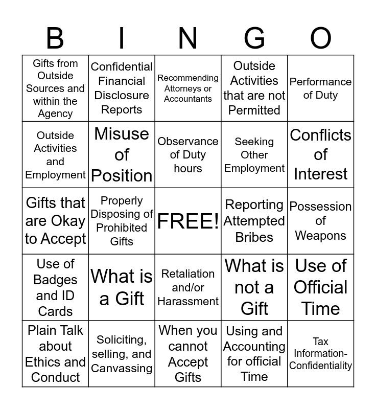Ethics Bingo Card