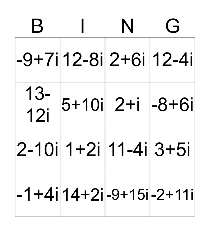 Complex Number Bingo Card