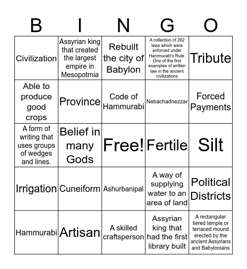 Mesopotamia Bingo Card