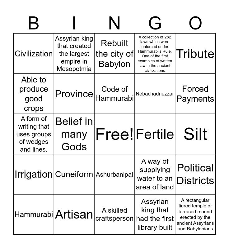 Mesopotamia Bingo Card