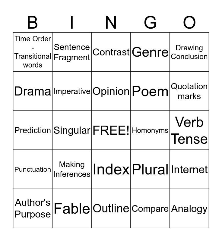 singular nouns Bingo Card