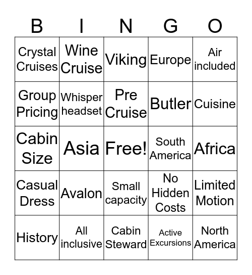 River Cruise Bingo Card
