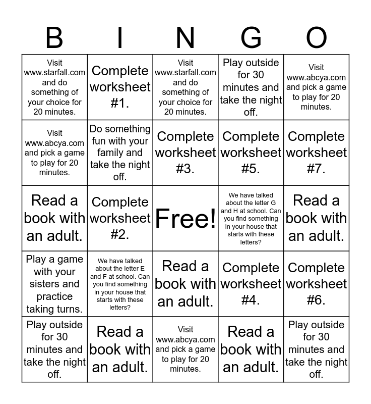 Bingo Board- Caiden 9/23/19 Bingo Card