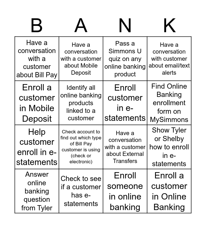 Online Banking Bingo Card