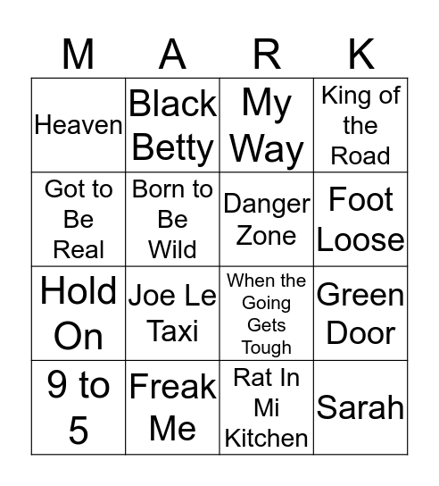 MARK'S MUSIC BINGO 1 Bingo Card