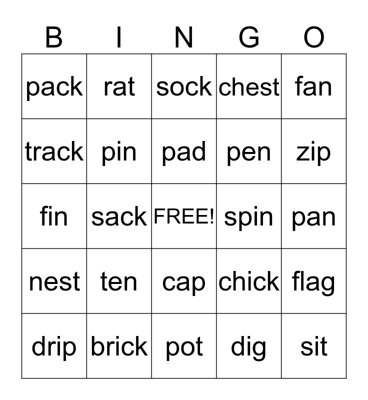 short vowel a e i & o Bingo Card