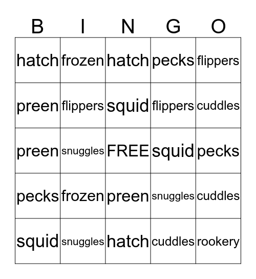 Penguin Chick Vocab Bingo Card