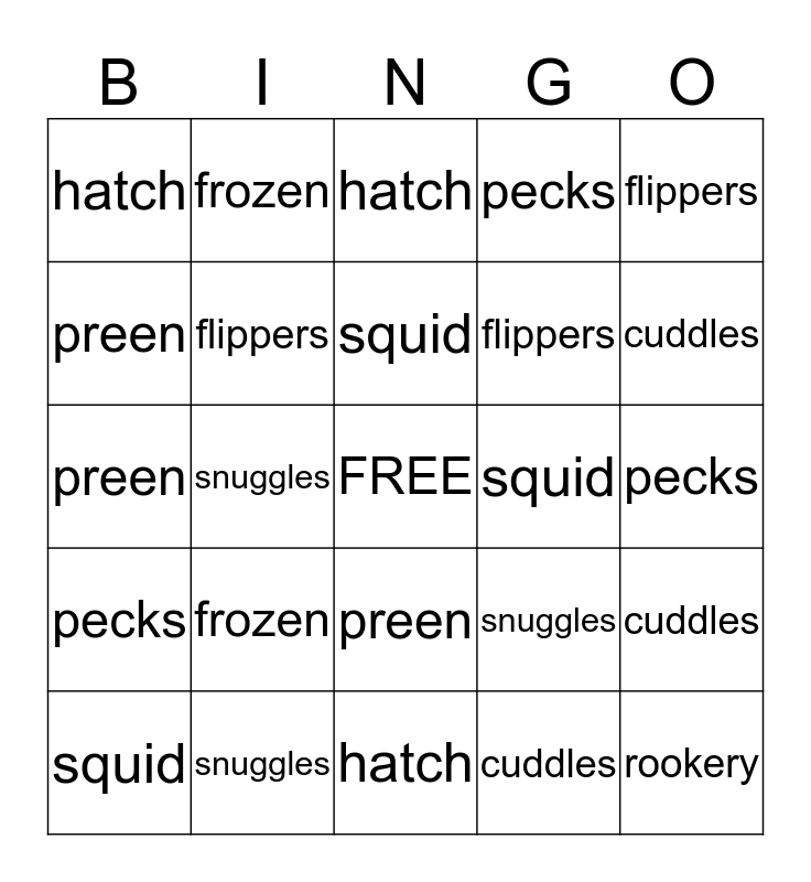 Penguin Chick Vocab Bingo Card