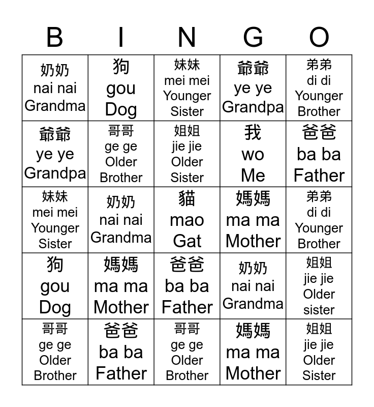 Family Members Bingo Card