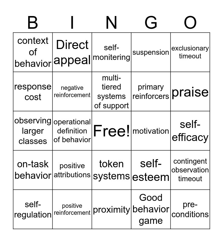 Improving Motivation and Social Behavior Bingo Card