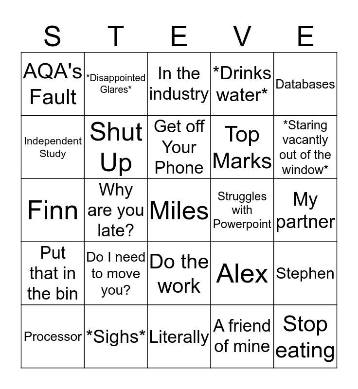 Steve Bingo Card