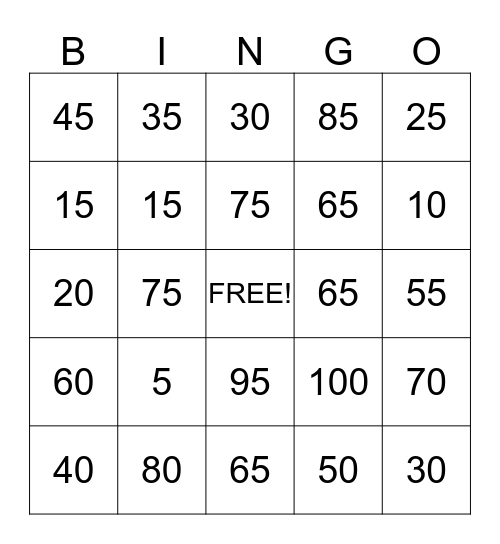 Counting by Fives Bingo Card