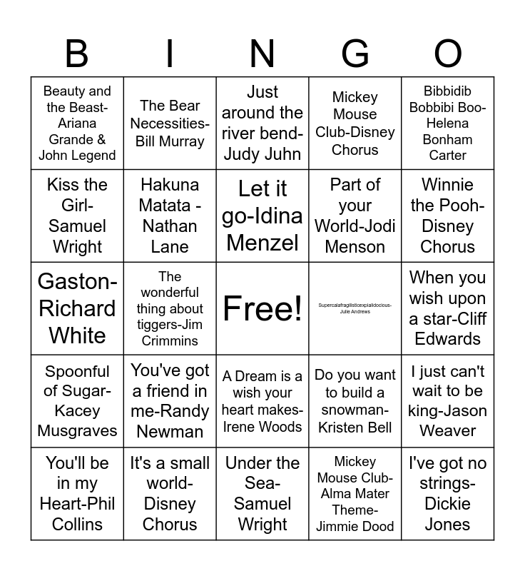 BB74 Disney Me! Bingo Card