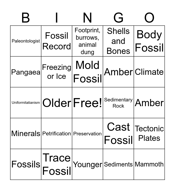 Fossils Bingo Card