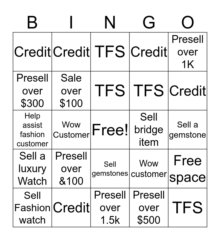 Jewelry Bingo Card