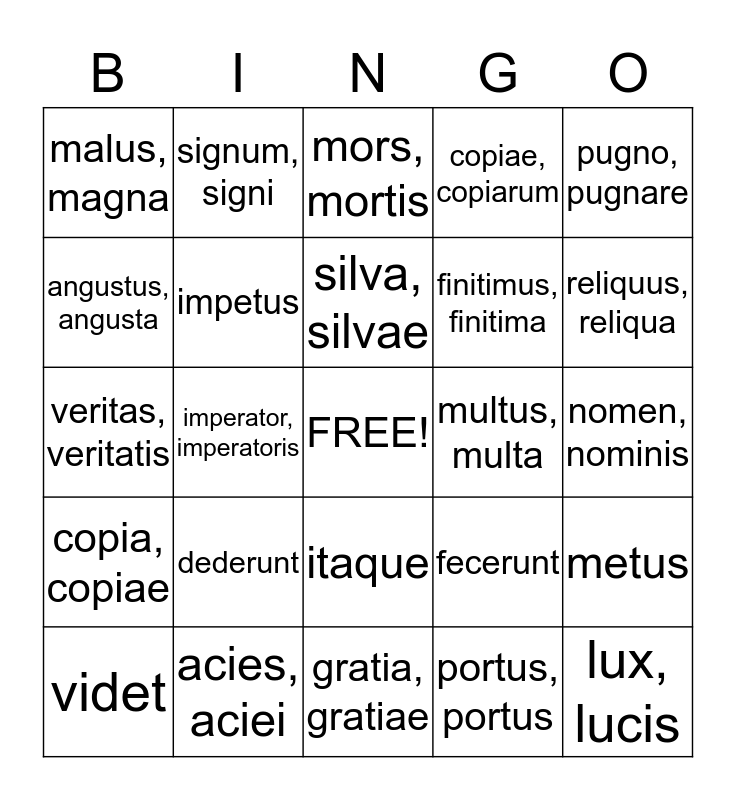 LATIN Bingo Card