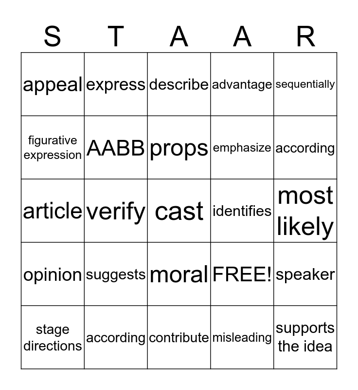 STAAR Reading Bingo Card