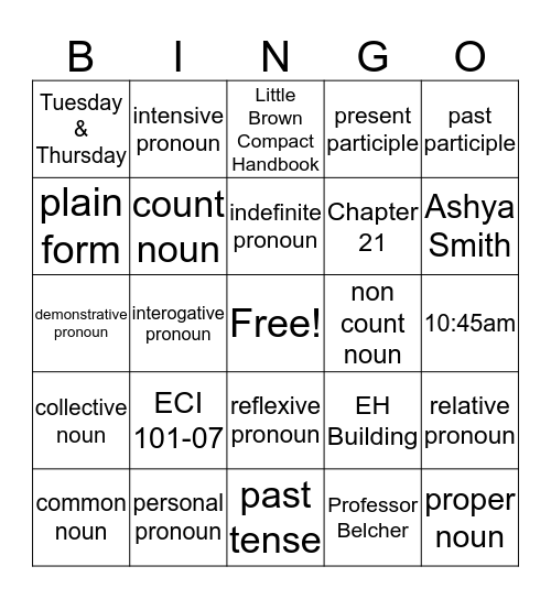 Nouns, Pronouns, and Verbs Bingo Card