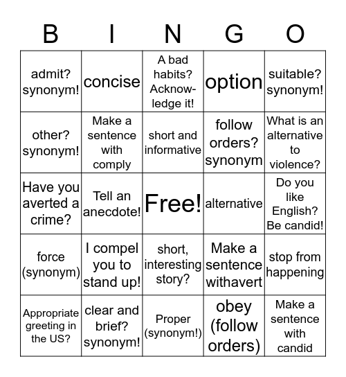 Building Vocabulary Skills Chapter One Bingo Card Building Vocabulary Skills Chapter One Bingo Card