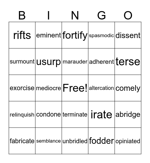 Unit 1 Terms Bingo Card