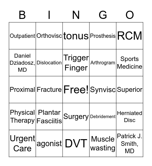 Orthopedic Bingo Card