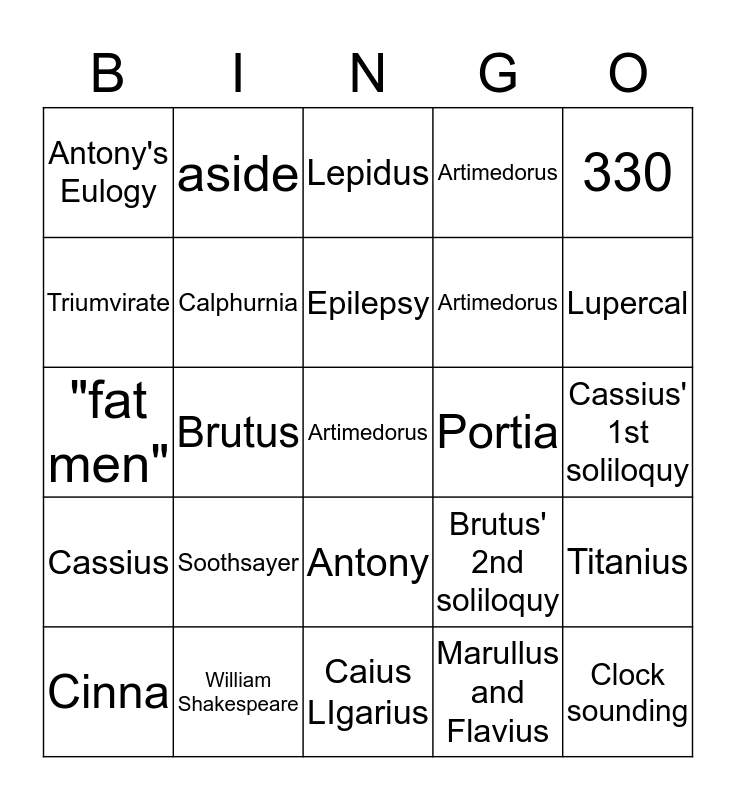 Julius Caesar Bingo Card