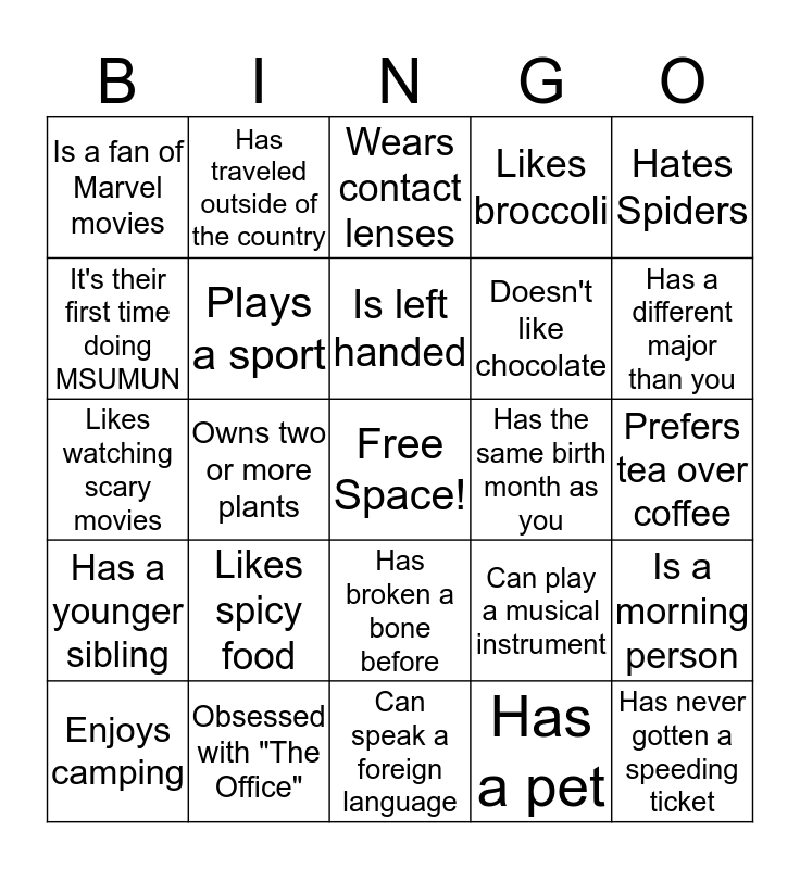 Find Somebody Who.... Bingo Card