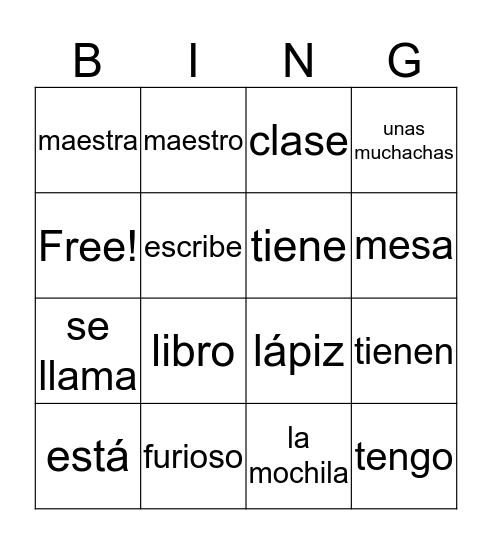 Español 1B Bingo Card