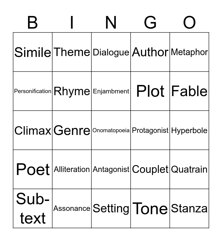 Literature Terms Bingo Card