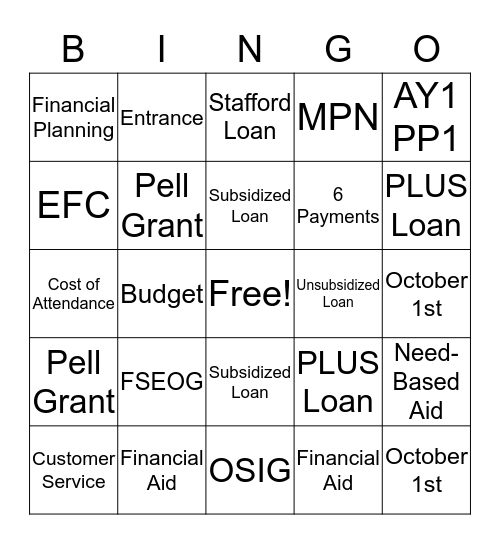 Financial Aid Bingo Card