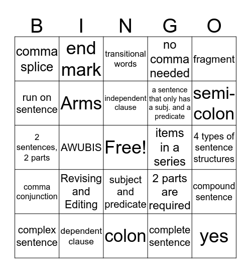Grammar Bingo Card