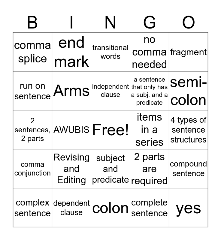 Grammar Bingo Card