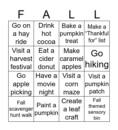 Fall Activities Bingo Card